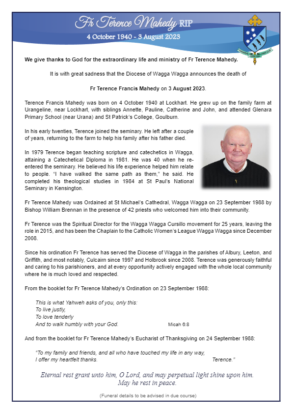 Fr Terence Mahedy RIP - Catholic Diocese Wagga Wagga
